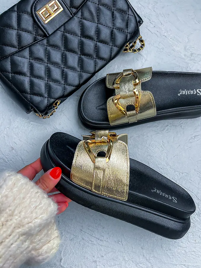 Zlaté šľapky so zlatou ozdobou NALA | Starstyle.cz